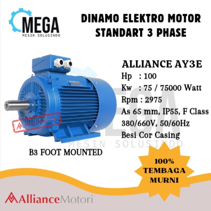 Jual Alliance Dinamo 3 Phase 100 HP 75 KW 2800rpm -- Electro Motor Duduk AY3E 2 Pole B3 Foot S1 ...