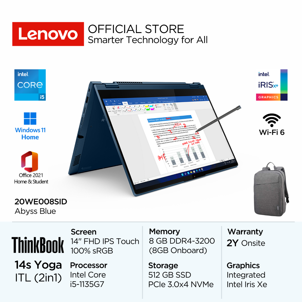 Jual Lenovo 2in1 ThinkBook 14s Yoga ITL OHS Intel Core i5 1135G7 Win11 8GB 512GB SSD 14" FHD IPS ...