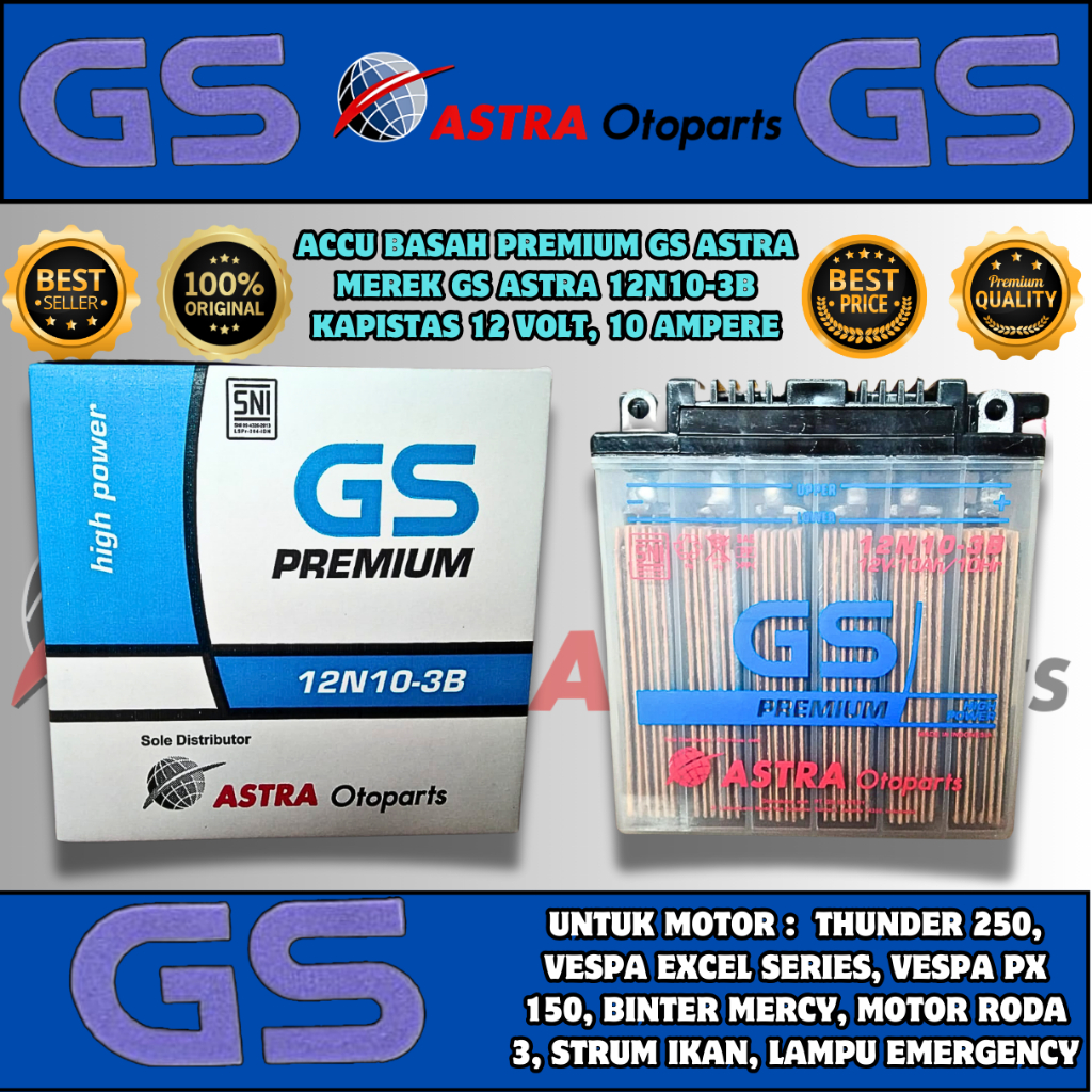 Jual AKI ACCU BASAH 12V 10 AMPERE GS ASTRA 12N10-3B ORIGINAL UNTUK LAMPU PENERANGAN SETRUM IKAN ...