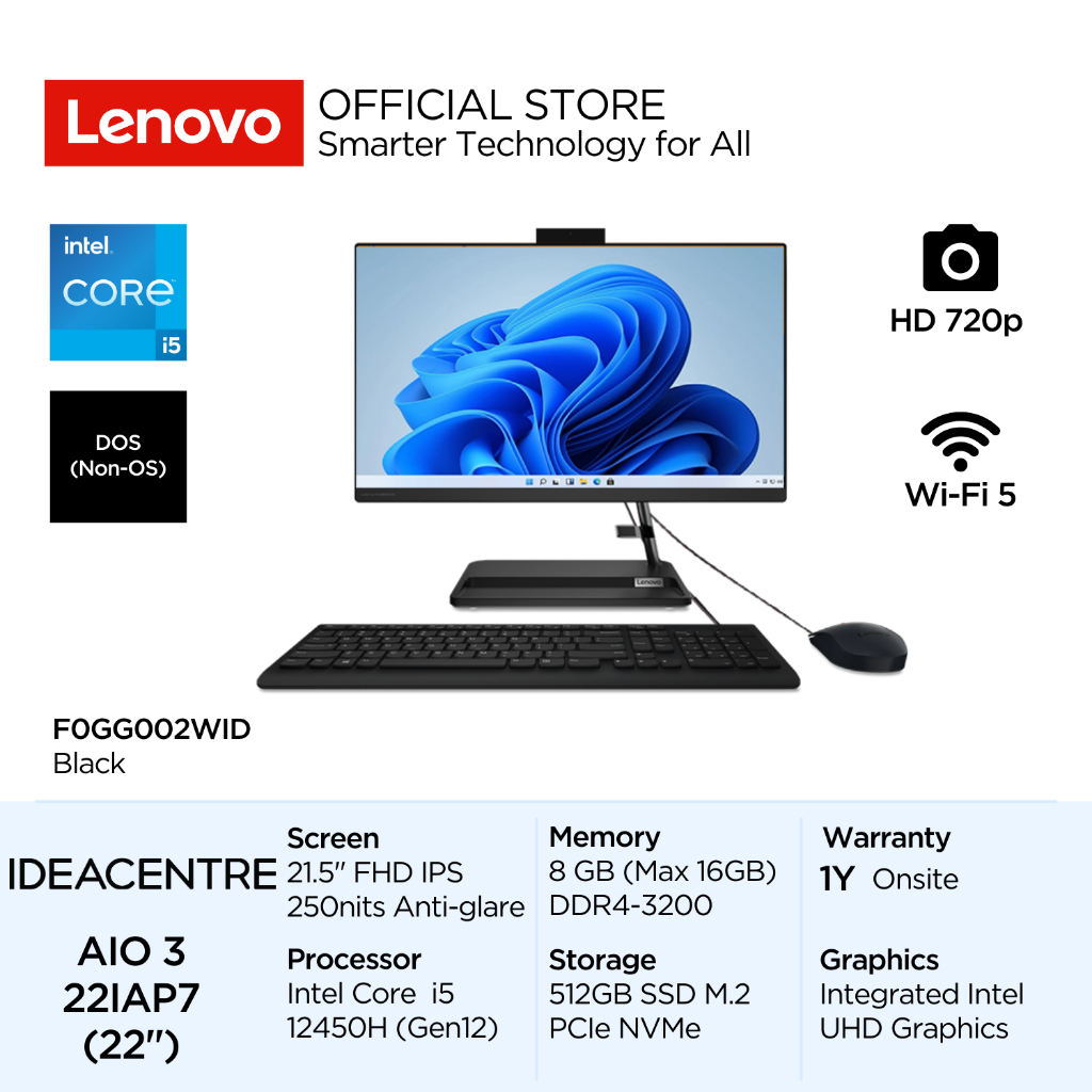 Jual Lenovo PC IdeaCentre AIO 3i 22IAP7 Intel Core i5 12450H DOS 8GB ...