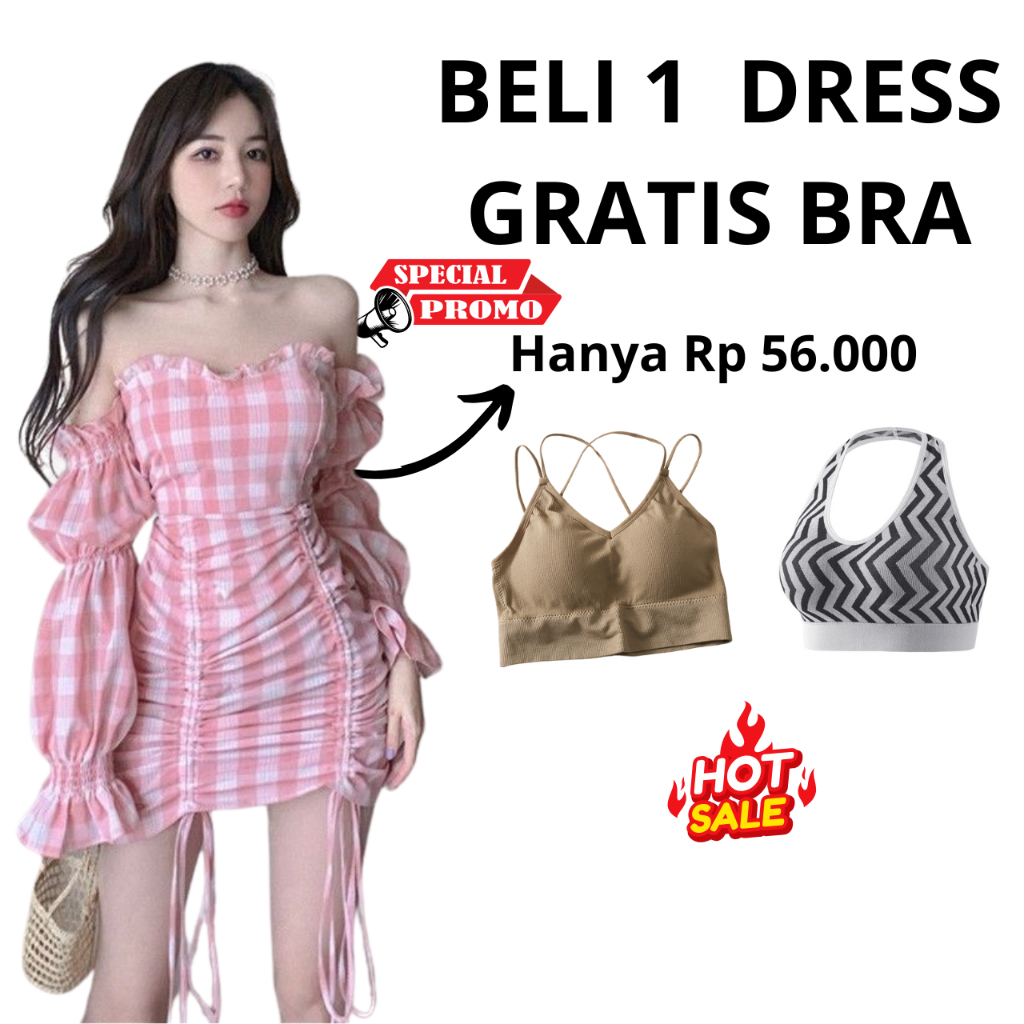 Jual GS DR355 Mini Dress Sabrina Motif Kotak Pink Korean Cute Dress FREE BRA | Shopee Indonesia