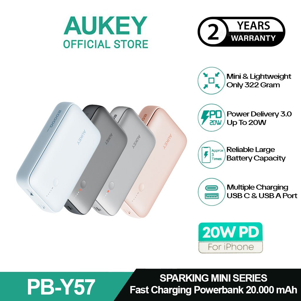 Jual AUKEY Mini Powerbank 20000 mAh 22.5 W Fast Charging Type C & USB A ...