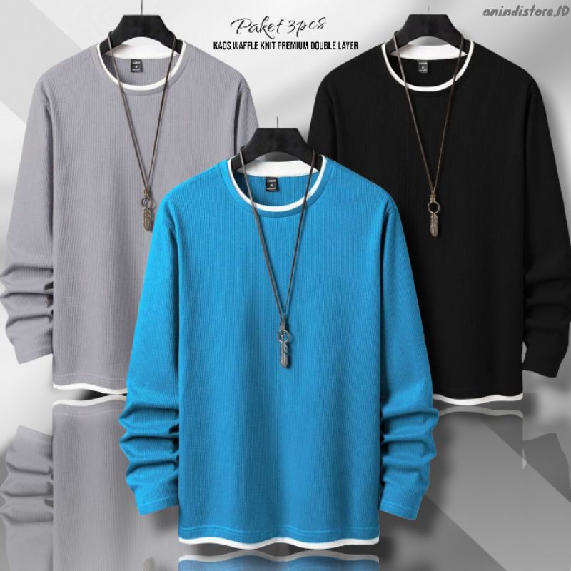 Jual Paket Hemat 3pcs Kaos waffle Pria Double Layer Lengan Panjang ...