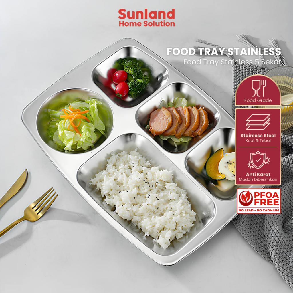 Jual SUNLAND Piring Makan Stainless Sekat 5 Stainless / Lunch Box Sekat ...