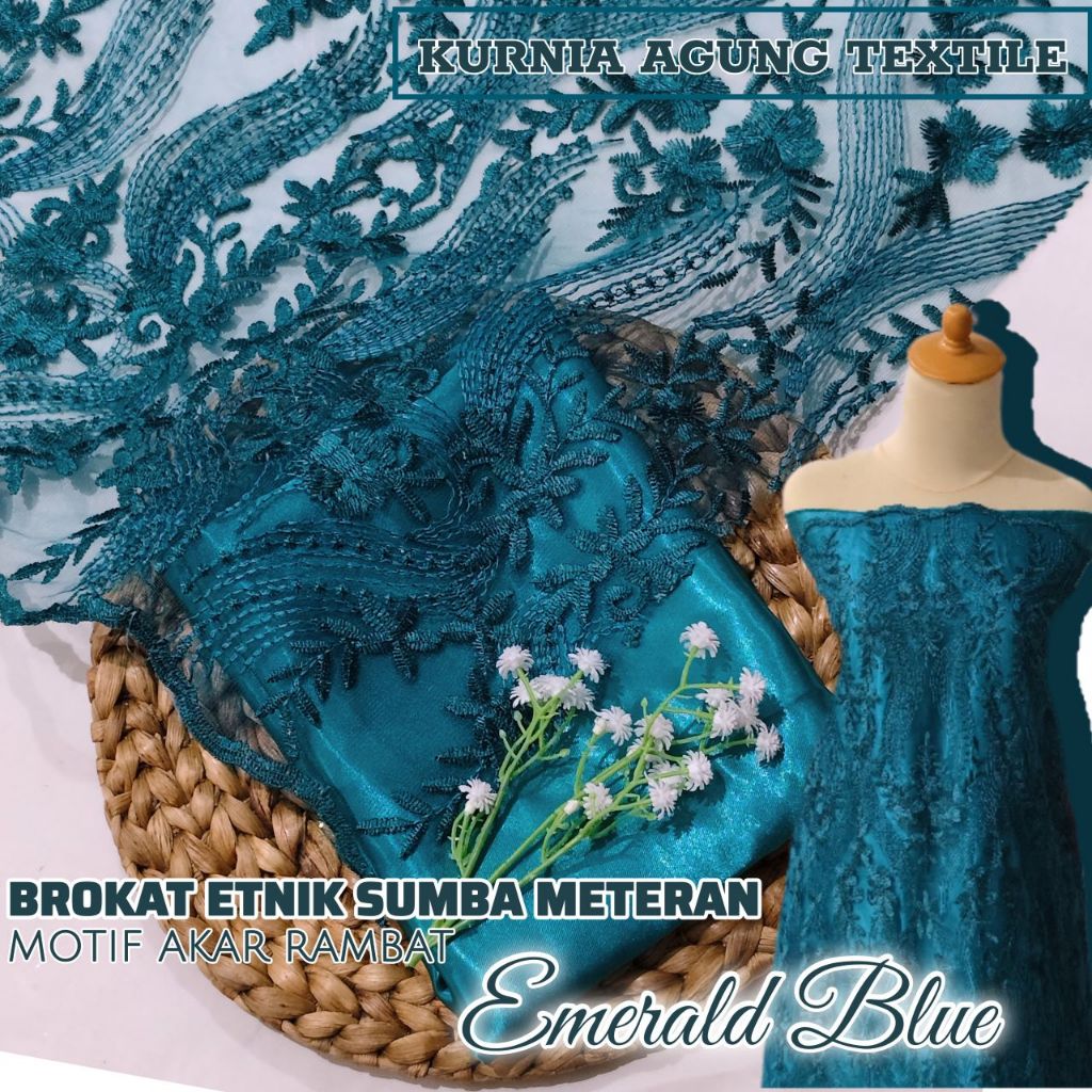 Jual 0.5m Kain Brokat Tile Bordir Meteran Premium warna EMERALD BLUE ...