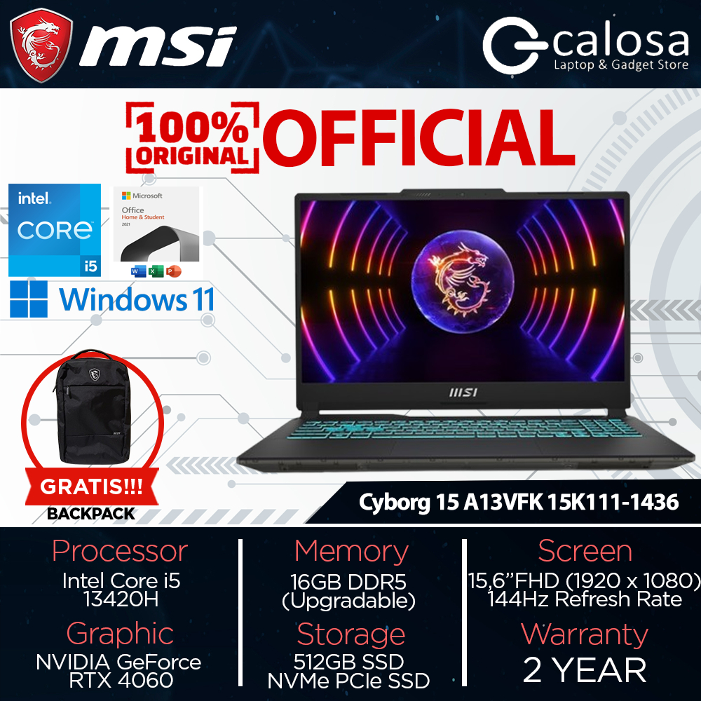 Jual MSI Cyborg 15 A13VFK 9S7-15K111-1436 Core i5-13420H 16GB512GB SSDRTX406015.6″ FHD 144HzWin ...