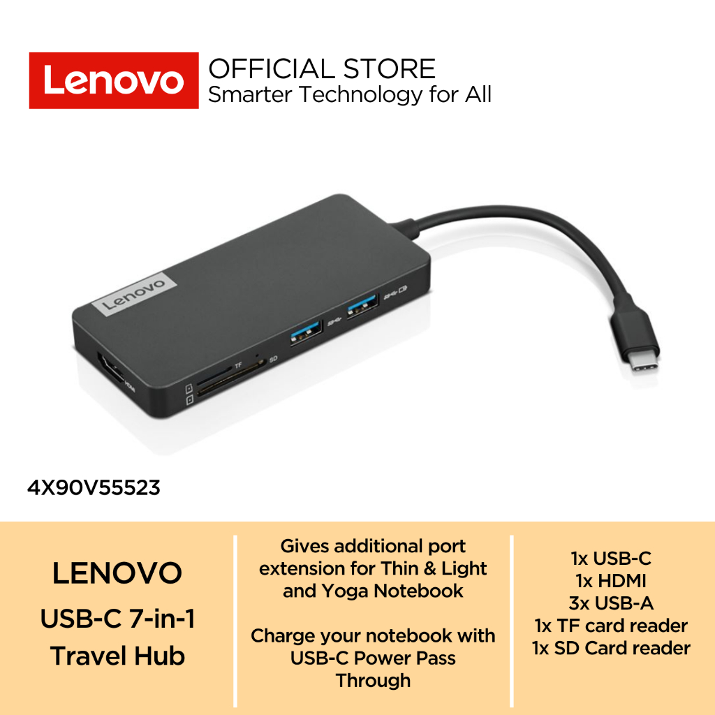 Jual Lenovo USB-C Travel Hub 7in1 4X90V55523 Type C power pass through ...