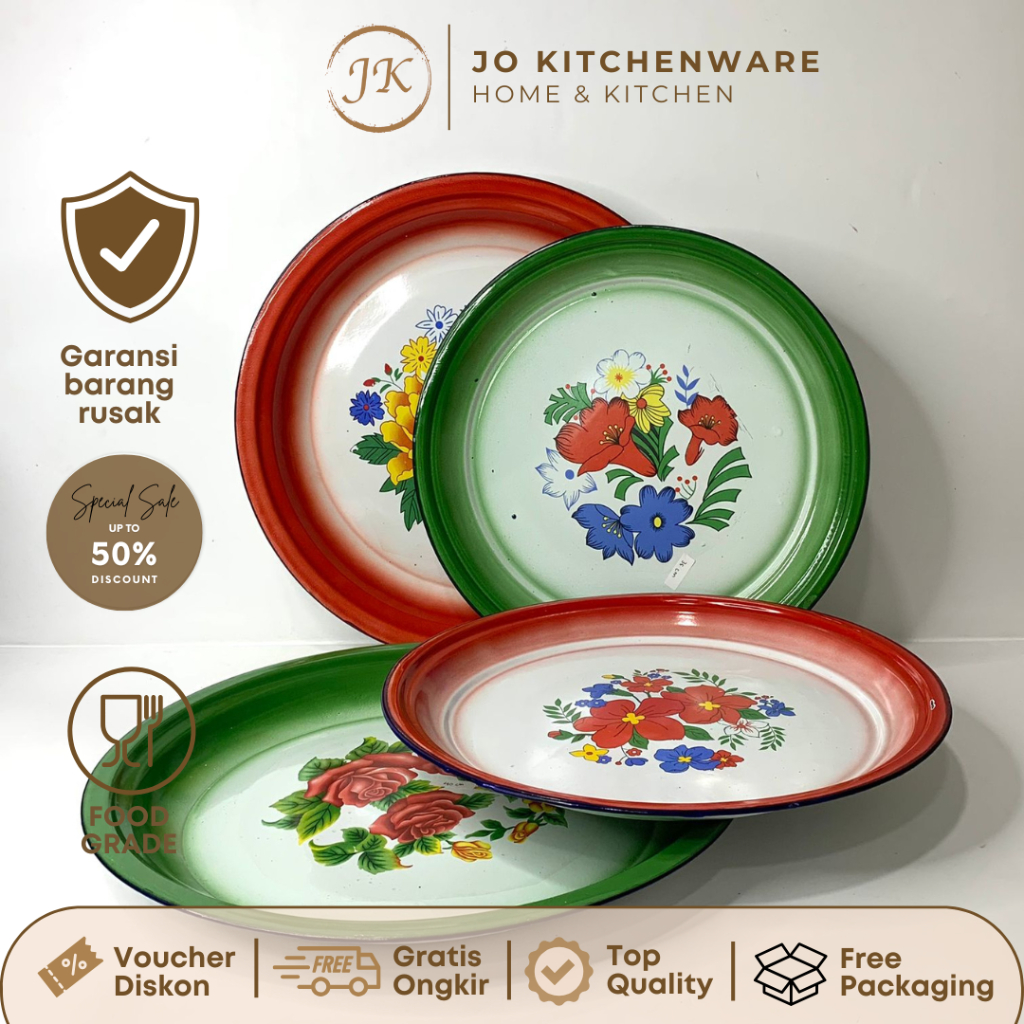 Jual Baki bulat enamel jadoel motif kembang / Nampan lingkaran enamel ...