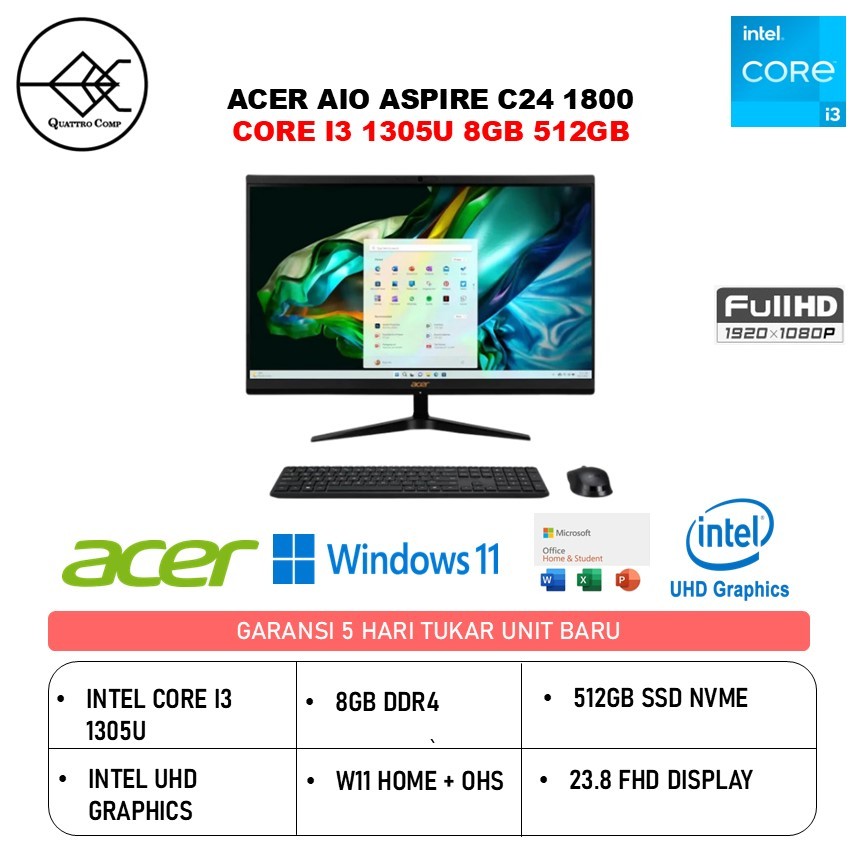 Jual ACER AIO ASPIRE C24-1800 I3 1305 8GB 512GB W11+OHS 23.8FHD ...