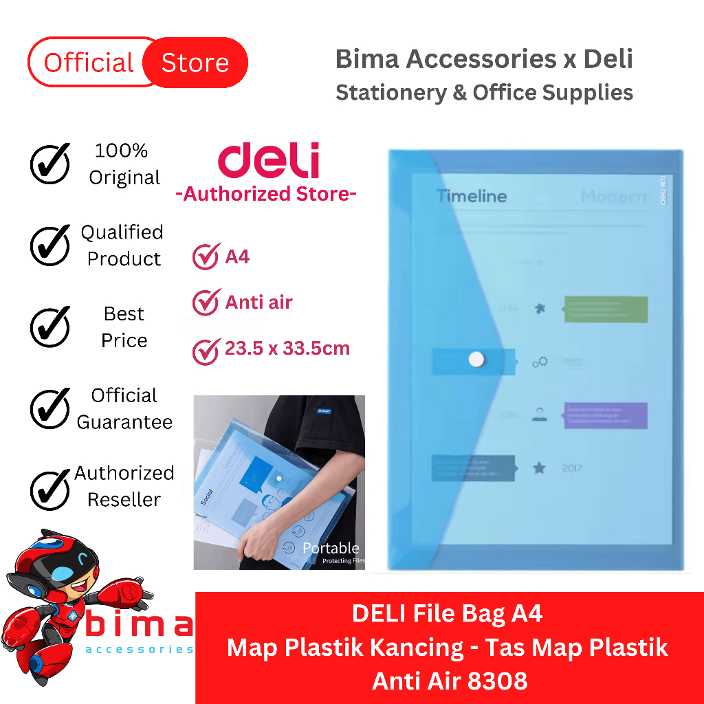 Jual DELI File Bag A4 Transparan Polos Tas Map Plastik Kancing Paper ...