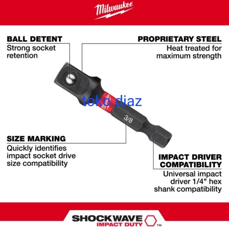 Jual Milwaukee Shockwave Impact Socket Adapter 1/4" hex shank - 3/8 ...