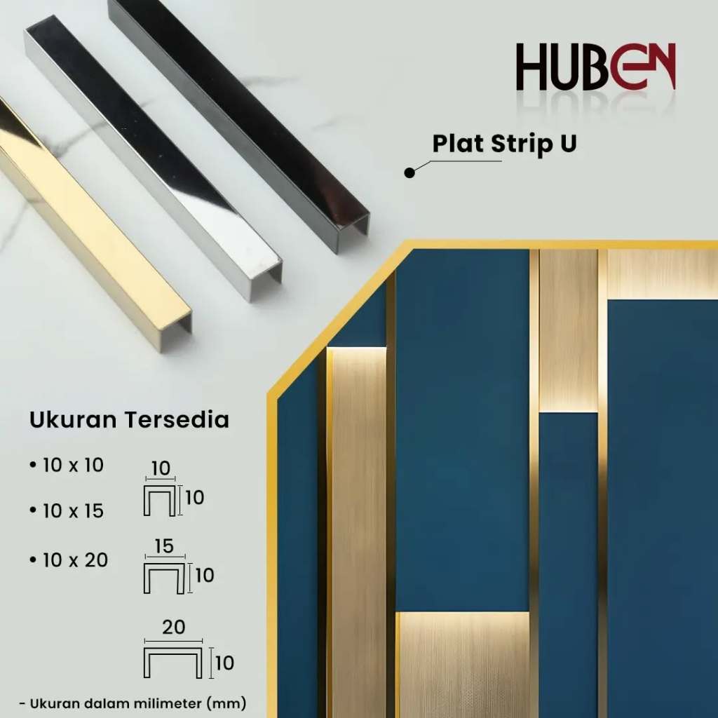 Jual HUBEN List Plat U Stainless 1 CM, 1,5 CM , 2 CM Huben Warna Gold ...