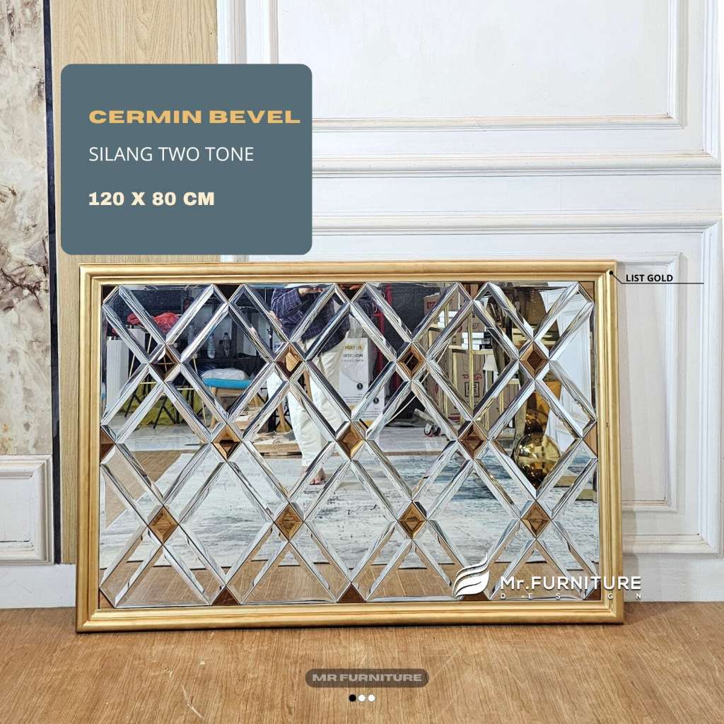 Jual cermin dinding kaca full bevel frame gold two tone 120 & 150 cm ...