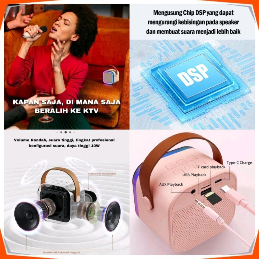 Jual Speaker Mini Bluetooth karaoke K12 / K-12 1 Mic HIFI Full Bass Stereo - LED Pink-1 Mic ...