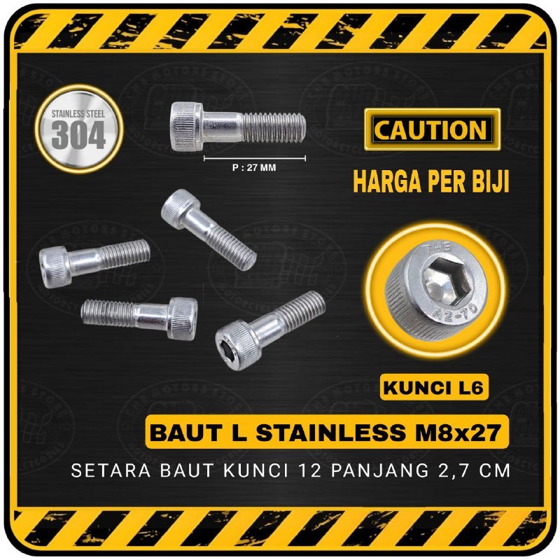 Jual Baut L STAINLESS M8 x 27 || M8x27 Setengah Drat ( Setara Baut Kunci 12 | Panjang 27 mm / 2 ...