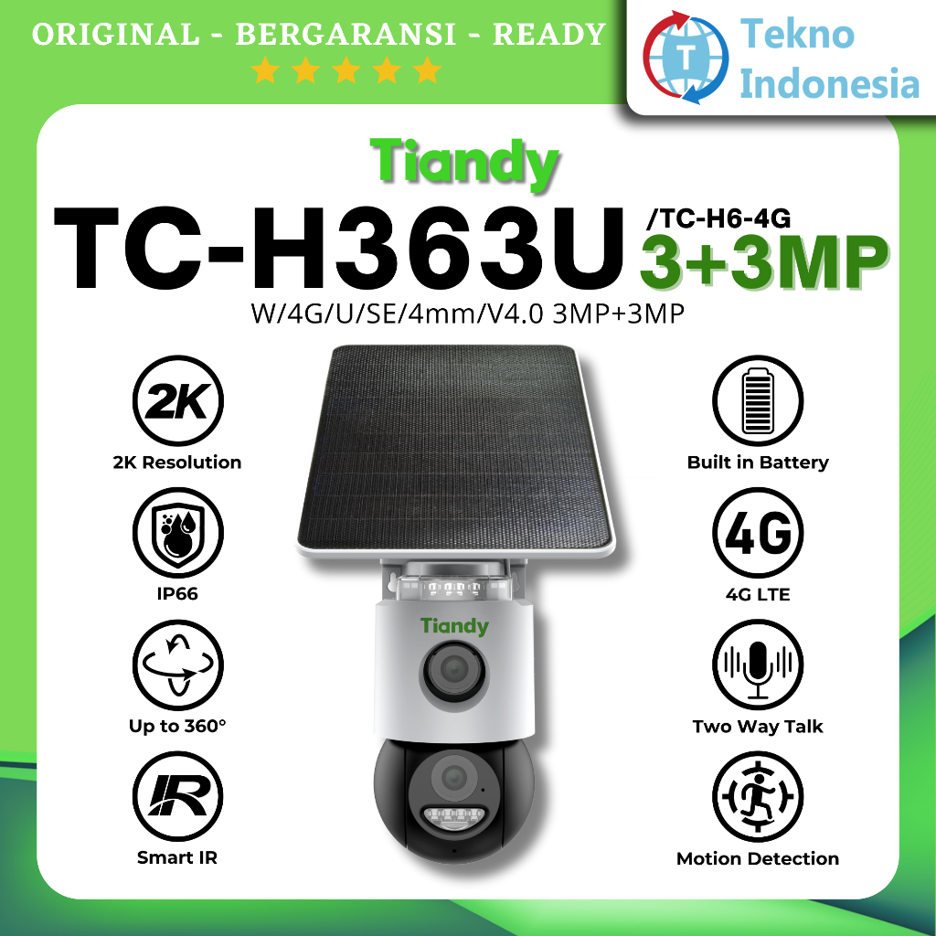 Jual Tiandy TC-H6 6MP 4G 3+3MP TC-H363U Solar panel with Dual Lens Color Maker Wireless Wifi IP ...