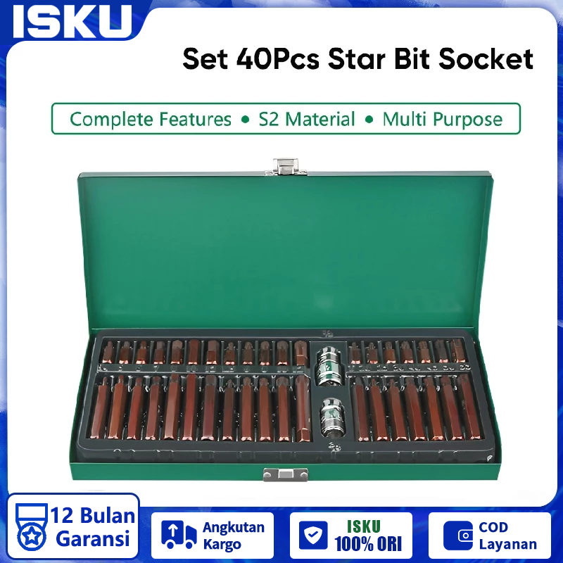 Jual ISKU Power Bit Set 40pcs Star Hex Spline Bit Set Hex Star Spline ...