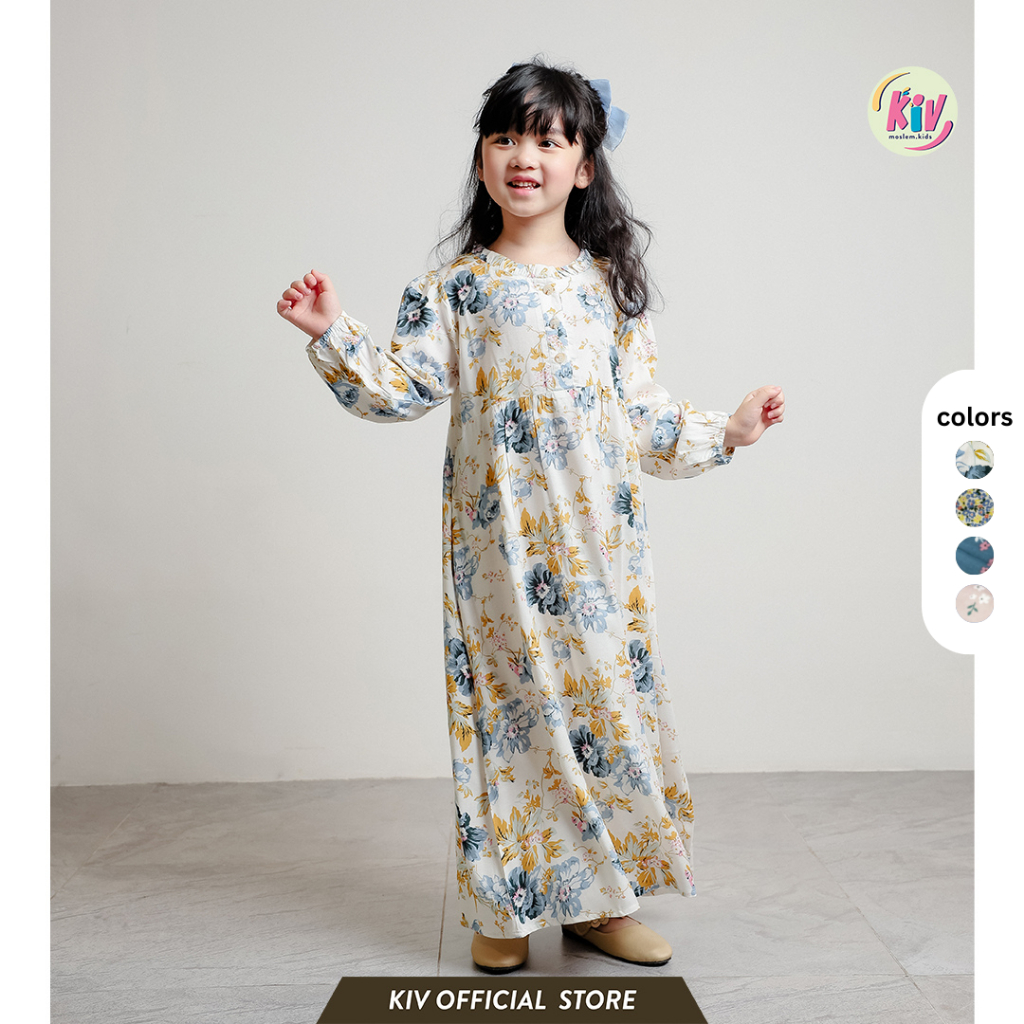 Jual KIV Gamis Anak Perempuan Cotton Viscose Motif Bunga Navy Cream ...