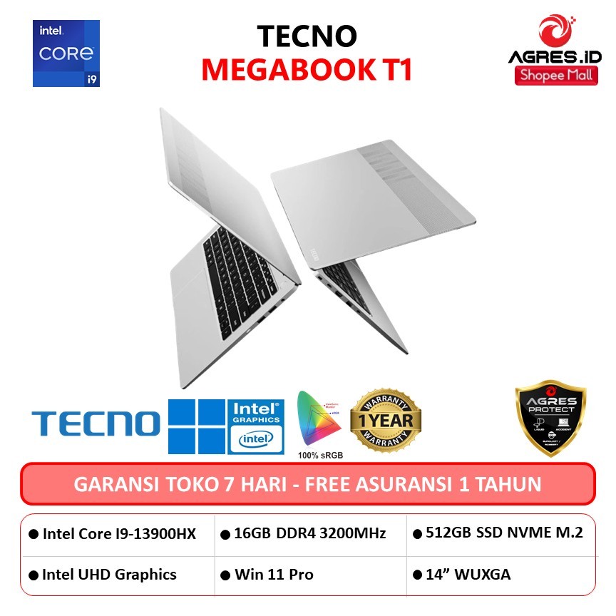 Jual TECNO MEGABOOK T1 14 I9 13900HK 16GB 512GB 14.0WUXGA W11PRO 100SRGB 75WH 2Y SILVER | Shopee ...