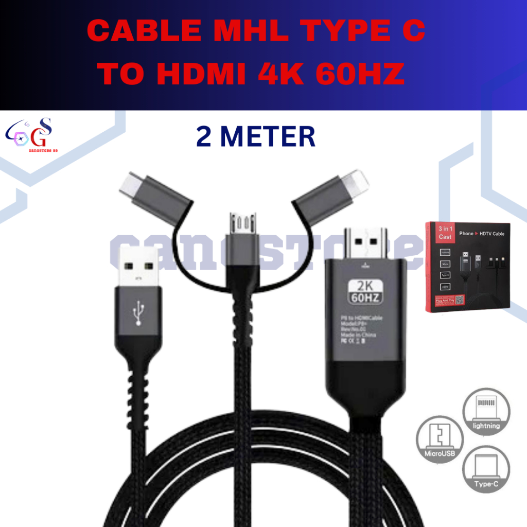 Jual CABLE MHL TYPE C TO HDMI 3 IN 1 4K 60Hz 2M, Kabel MHL converter micro Usb HP Android IOS ke ...