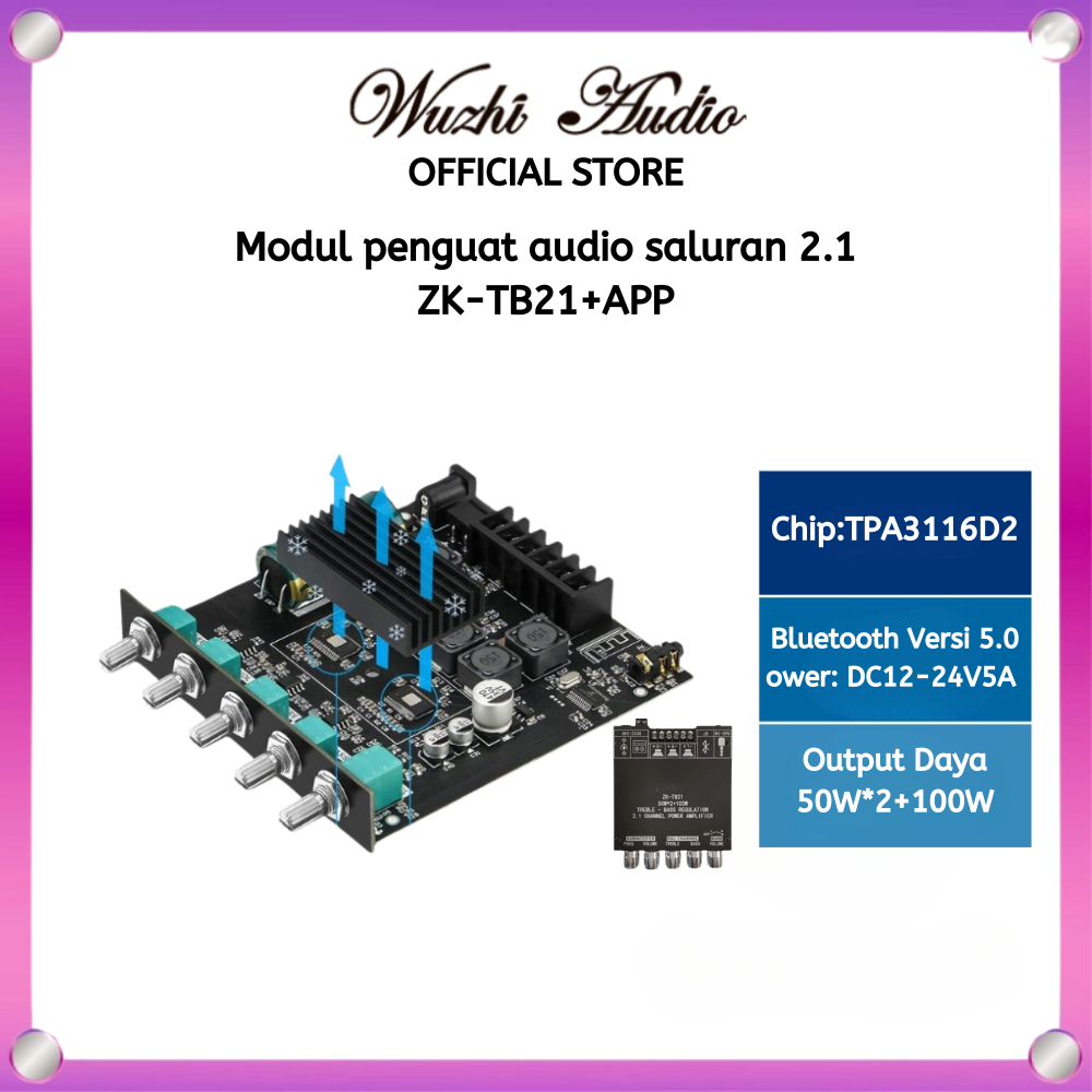 Jual Wuzhi Audio | ZK-TB21/HT21/MT21/502MT 5.0 amplifier subwoofer 2.1 Board 50W*2+100W 2.1 ...