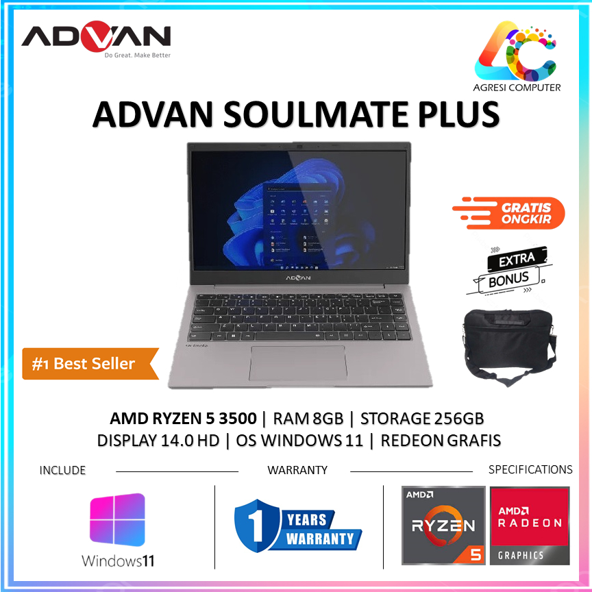 Jual Advan Soulmate Plus AMD Ryzen 5-3500U RAM 8GB 256GB SSD 14.0" FHD ...