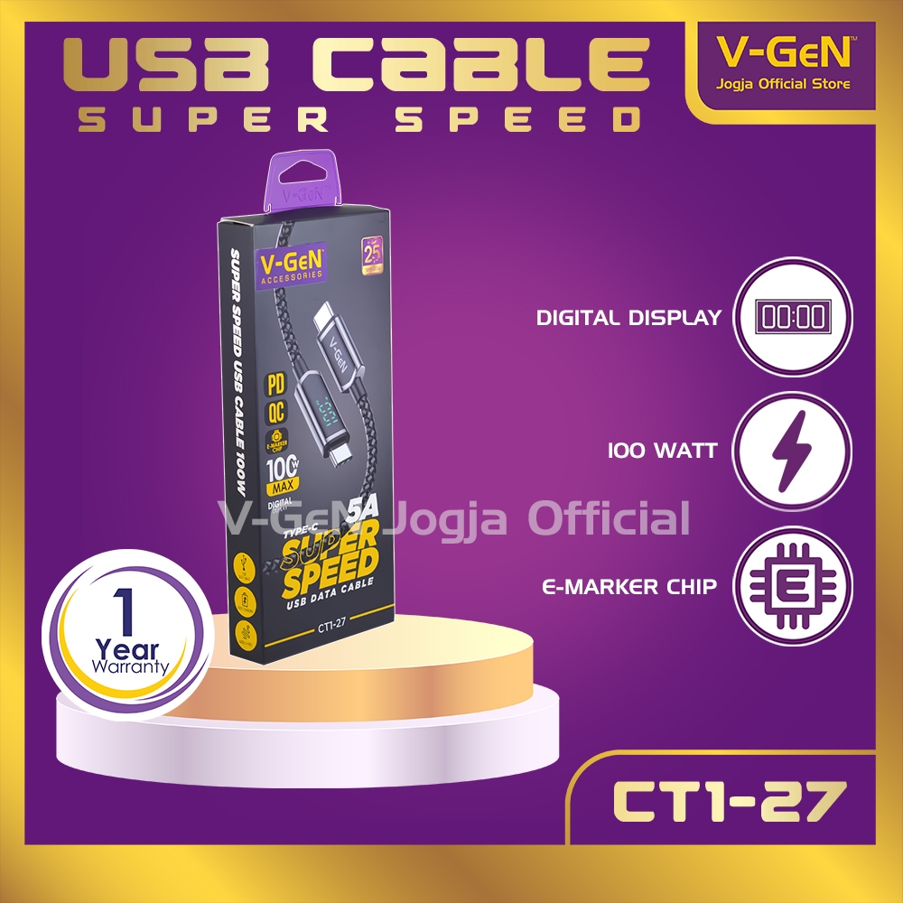 Jual Kabel Type-C to Type-C V-GeN CT1-27 100W Fast Charging 5A Digital ...