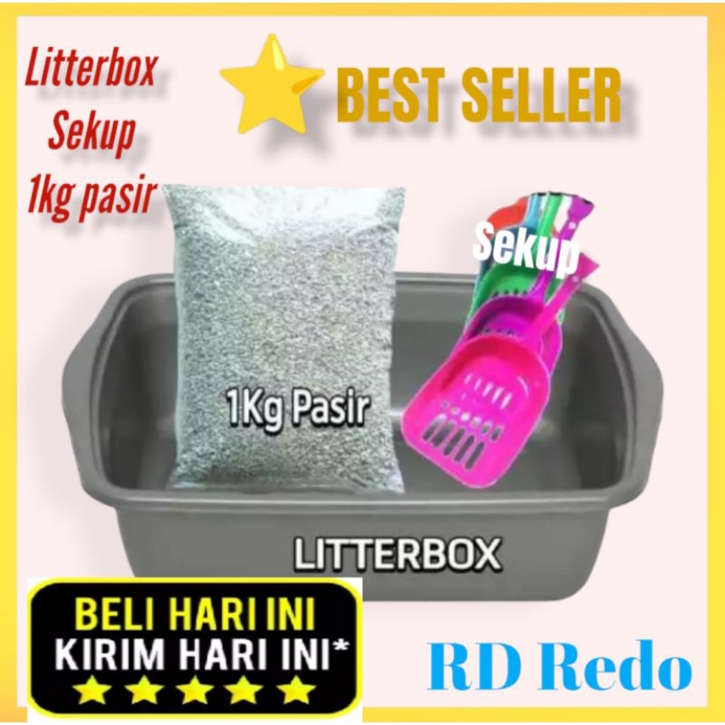 Jual Paket Litter Box Bak Kucing 1set Bak + Sekop Serokan Kucing + pasir Kucing 1kg Toilet ...