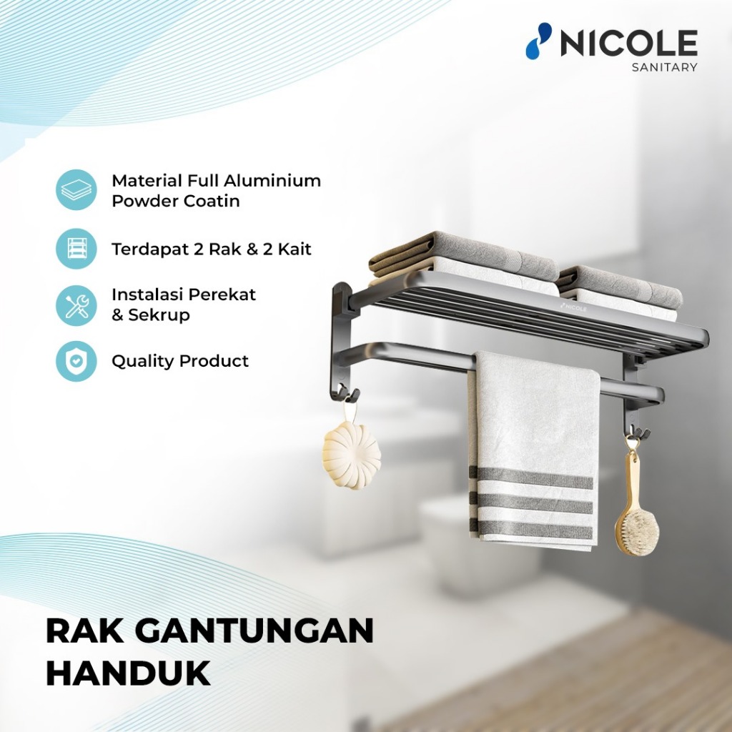 Jual Nicole Rak Gantungan Handuk Kamar Mandi Estetik Aluminium Hitam ...