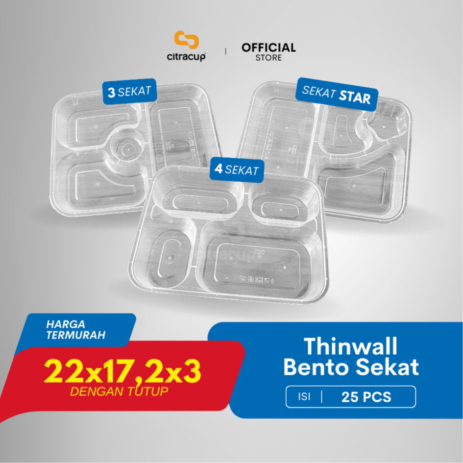 Jual Thinwall Bento 3 Sekat 4 Sekat + Tutup | Wadah Mika Makanan Tebal ...