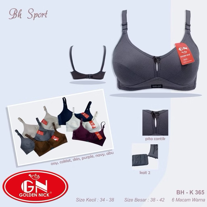 Jual Sport Bra BH Merk Golden Nick 365, Tanpa Busa dan Kawat, Motif Polos, Kait 2, Fashion Bra ...