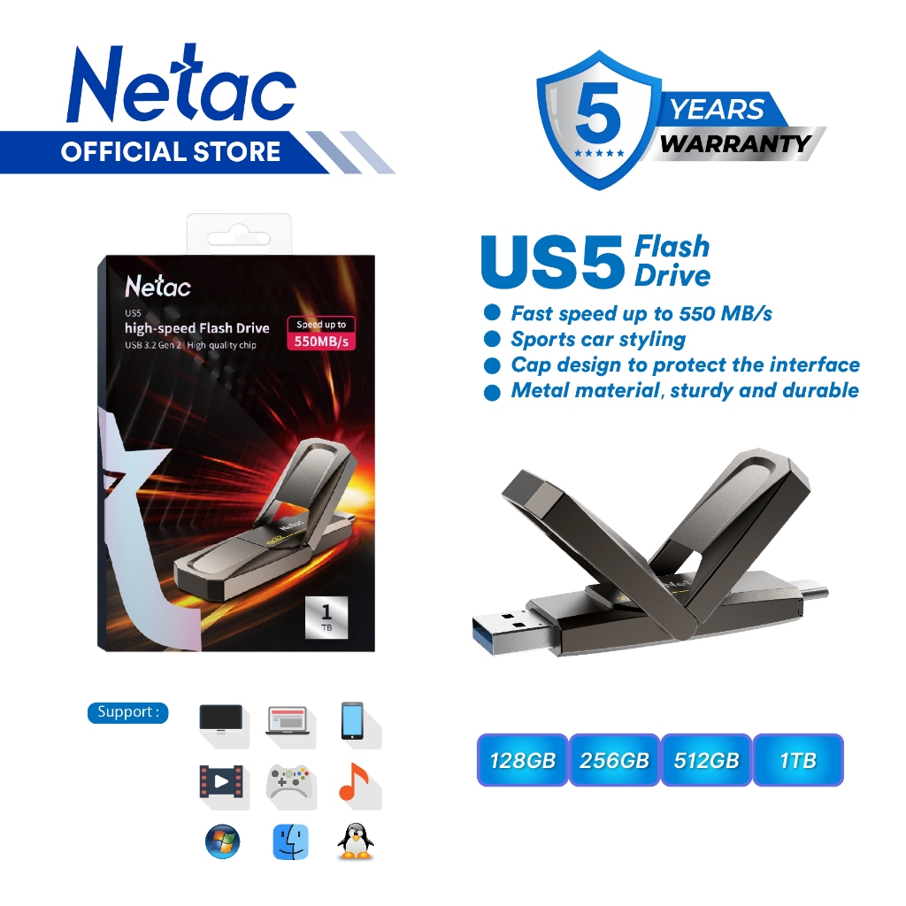 Jual Netac OTG Flashdisk US5 / US9 USB 3.2 + Type C Solid State Flash ...