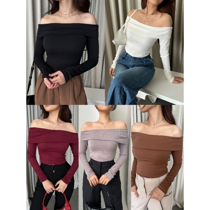 Jual Atasan Wanita Sabrina Off Shoulder Longsleeve Bahan Knit Stretch ...