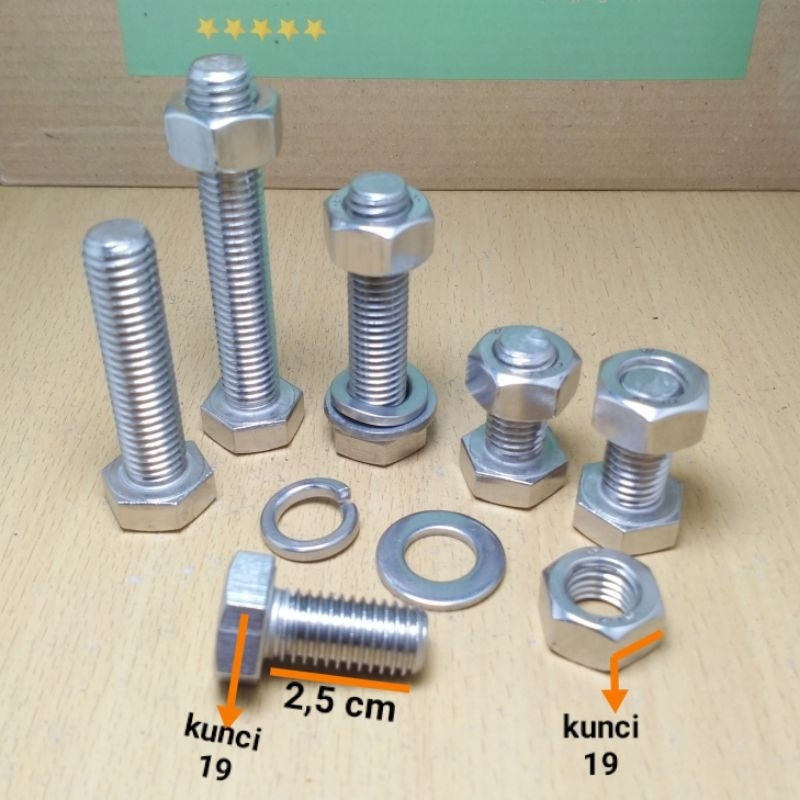 Jual baut mur m12 x2,5cm pitch 1,75 stainless sus 304 baut anti karat | Shopee Indonesia