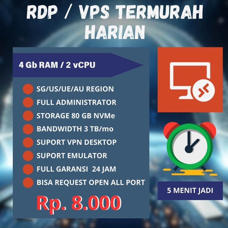 Jual RDP/VPS Harian Termurah 4GB RAM / 2 vCPU | Shopee Indonesia
