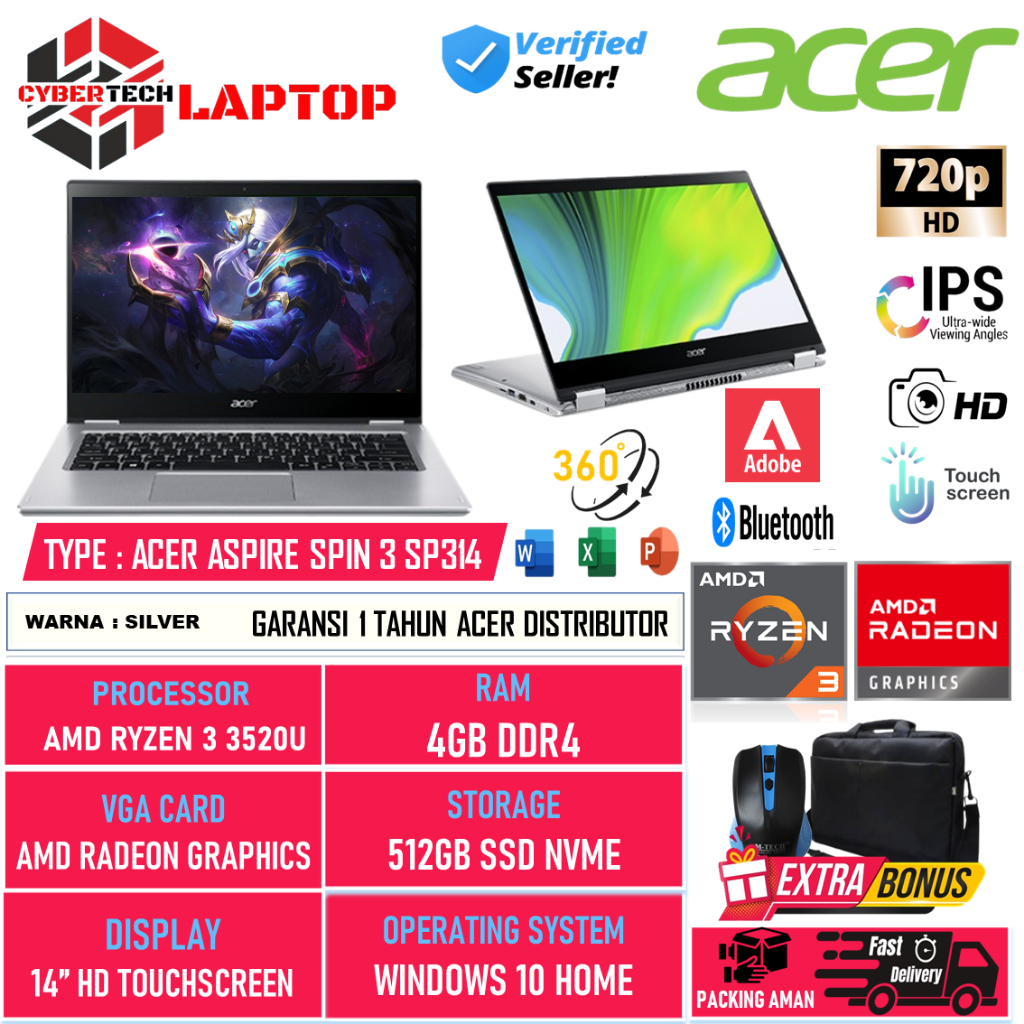 Jual Laptop Flip Acer Spin 3 SP314 Amd Ryzen 3 3250U 4GB 1TB SSD 14 ...