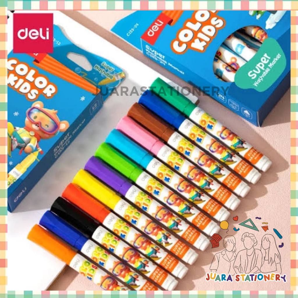 Jual Deli Washable Marker -757 / Spidol Warna Anak 12 Warna Mudah dicuci Tersertifikasi Aman ...