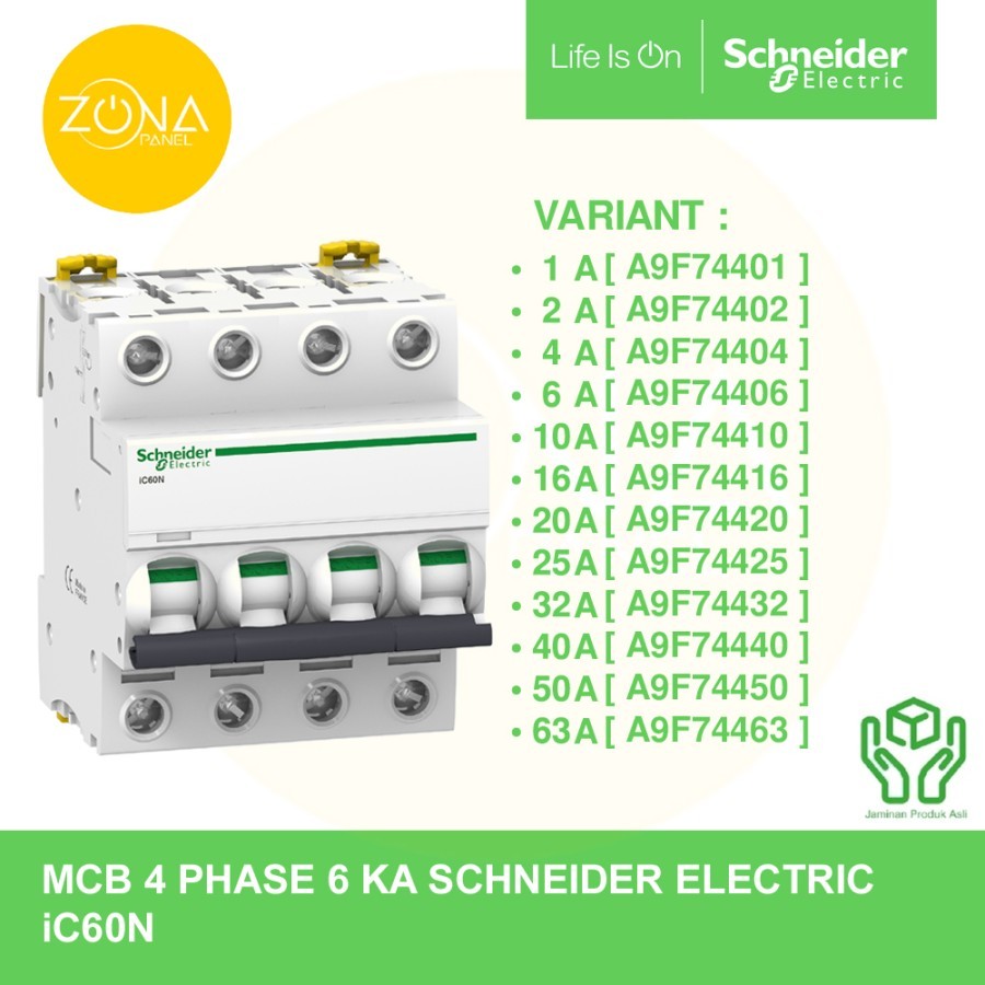 Jual MCB SCHNEIDER iC60N 6KA 4 PHASE 4P 1A 2A 4A 6A 10A 16A 20A 25A 32A 40A 50A 63A A9F74401 ...