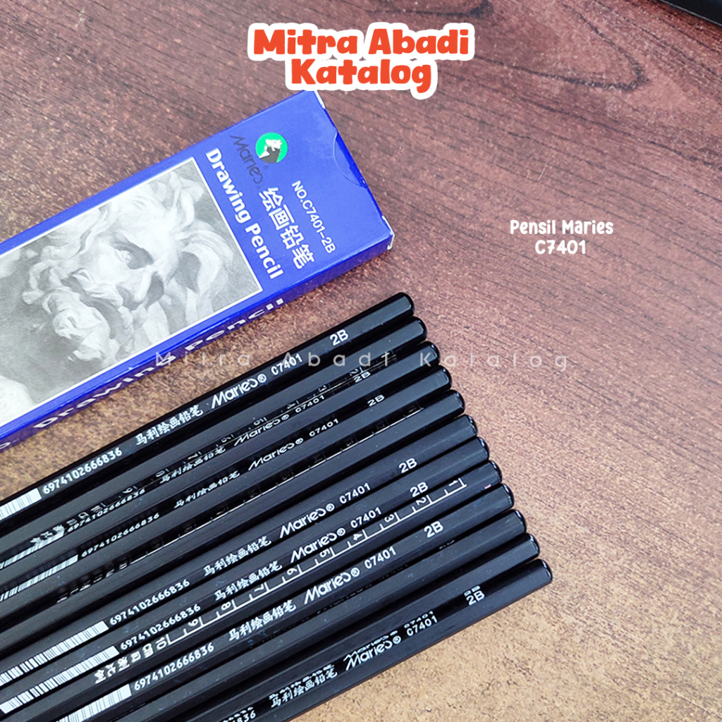 Jual (1 PCS) PENSIL MARIES C7401 / 2H, HB, B, 2B, 3B, 4B, 5B, 6B, 7B, 8B sketch pencil kayu ...