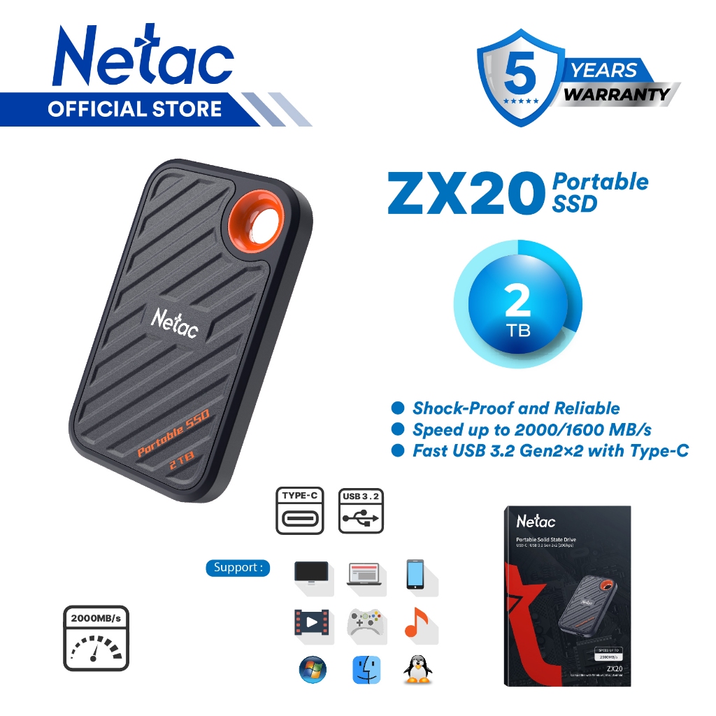 Jual Netac ZX20 External Portable SSD 2TB USB 3.2 Gen 2x2 Type-C up to 2000MB/s with USB-C to A ...