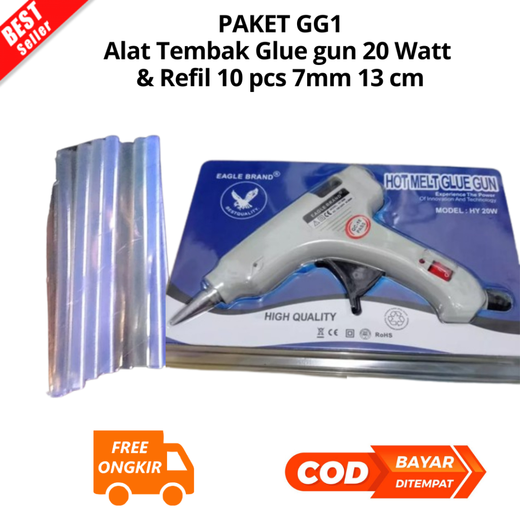 Jual [JIB] BAYAR DI TEMPAT Glue Gun / Lem Tembak 20W dan Refil 10 pcs ukuran 7 mm panjang 13 cm ...