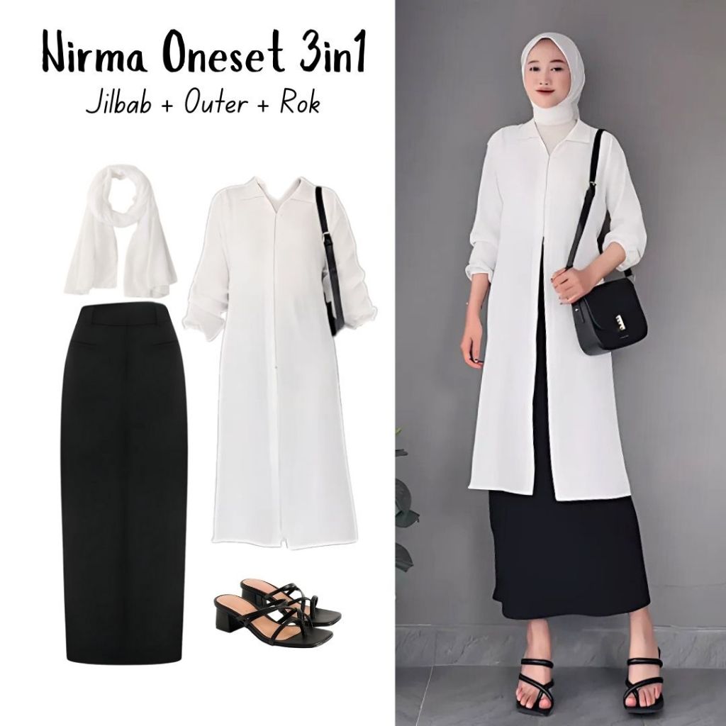 Jual One set 3in1 outer outwear tunik putih panjang rok span hitam ...