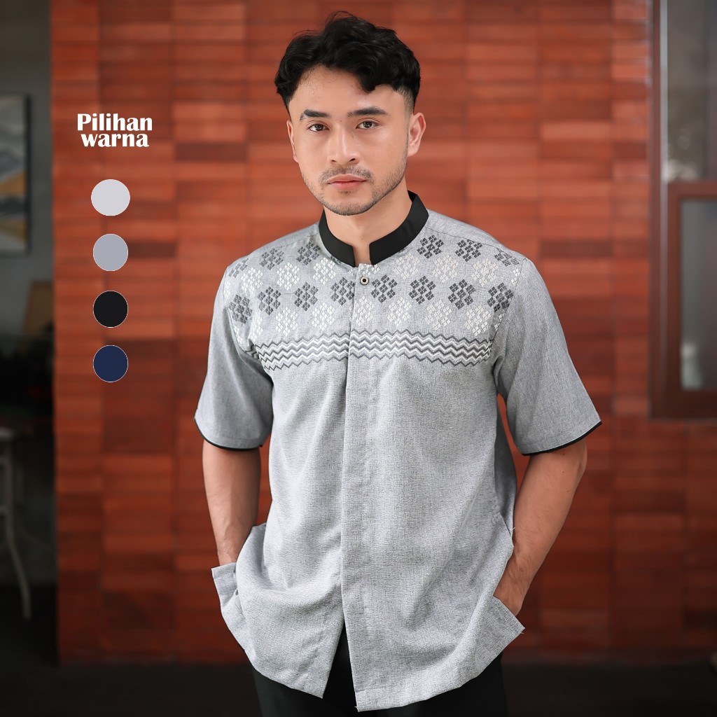 Jual baju koko muslim bordir pria dewasa terbaru lengan pendek katun madinah warna | Shopee ...