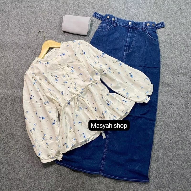 Jual PAKET OOTD/CELINE ONE SET (blouse duyung + hijab square + rok jeans) | Shopee Indonesia
