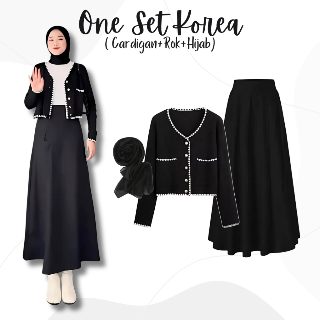 Jual One Set 3in1 Cardigan Korea Rok Joda Hitam Hijab Bella Hitam | outfit hangout wanita SK141 ...