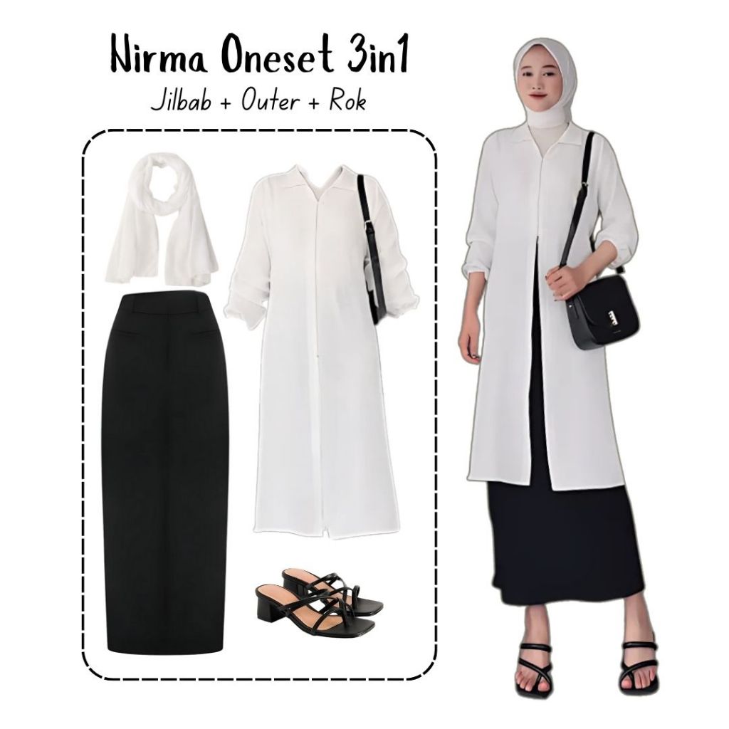 Jual One set 3in1 outer outwear tunik putih rok span hitam panjang ...
