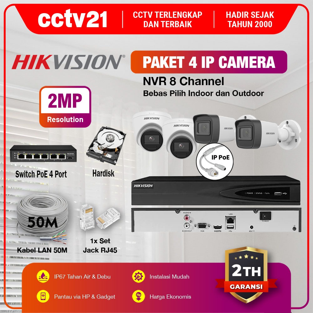 Jual Paket IP Camera CCTV Hikvision 2MP 1080P 4 Channel / 4CH PoE NVR ...