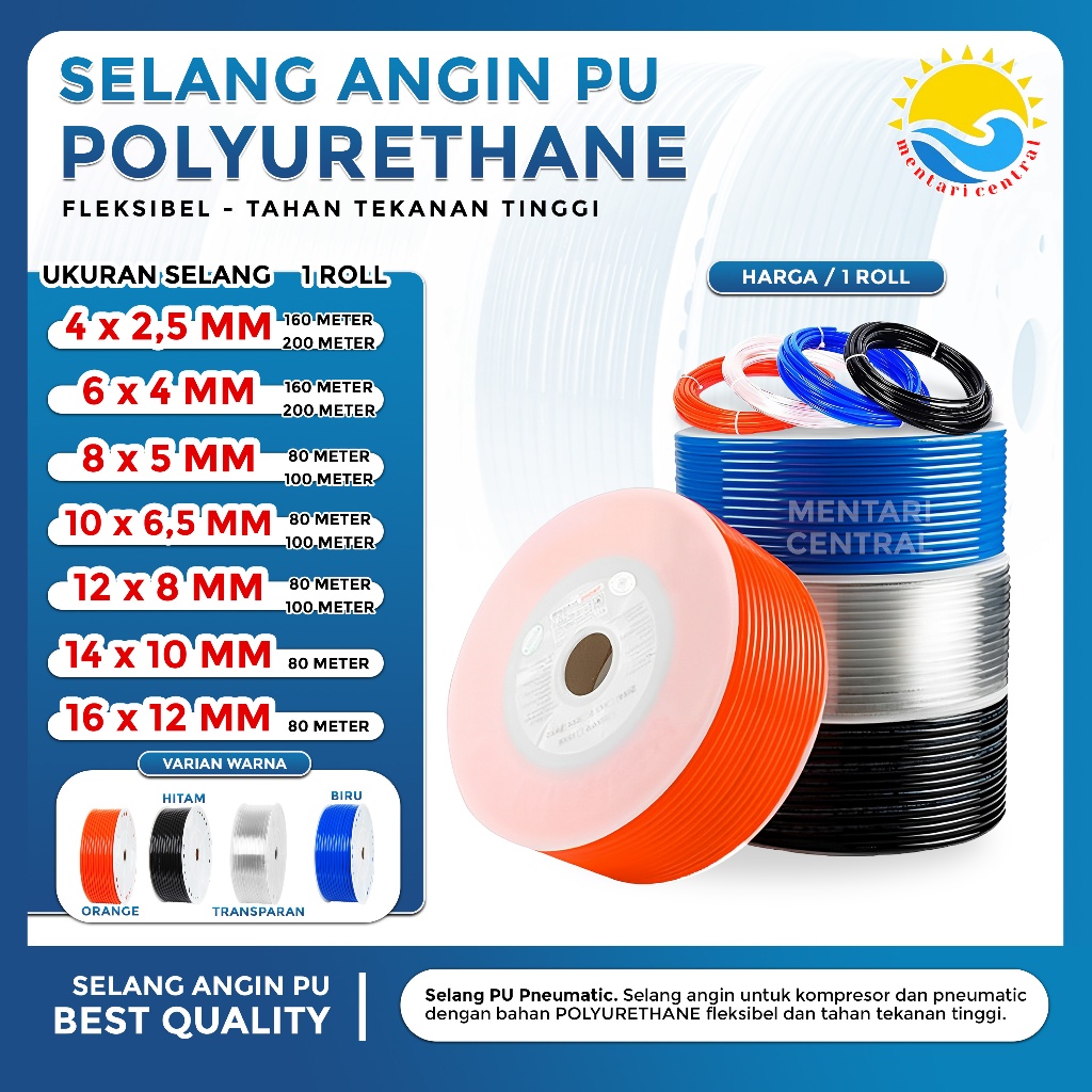 Jual Hose Pu Selang Pu (PollyUrethane) Ukuran OD 8X5MM 6X4MM 4X2.5MM 10X6.5MM 12X8MM 14X10MM ...