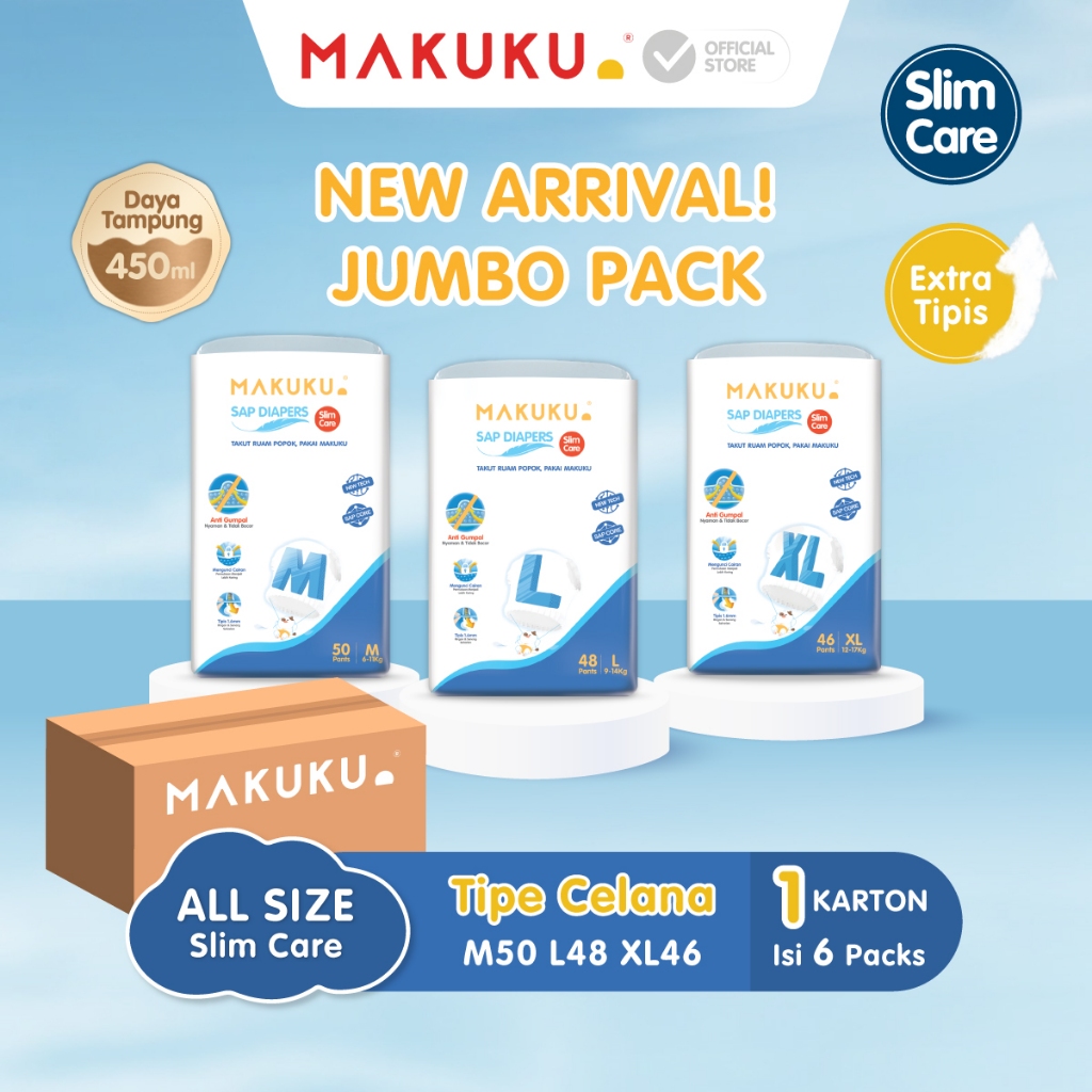 Jual [6 PACK KARTON] MAKUKU SAP Diapers Slim Care JUMBO Pants M/L/XL ...