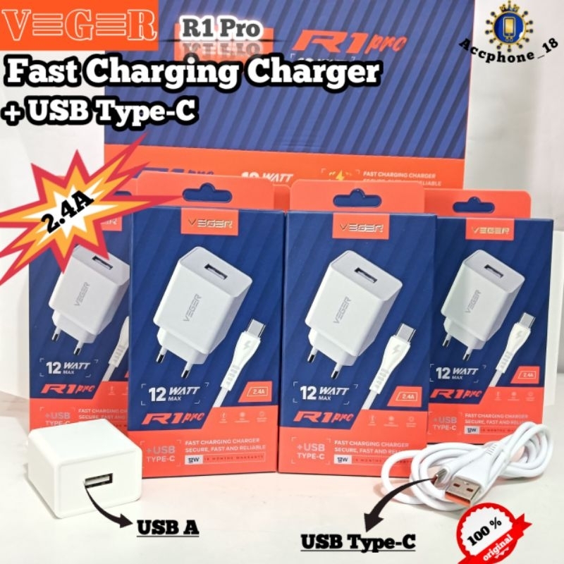 Jual VEGER R1 PRO Type-C / Pcs Travel Chager Fast Charging With Cable ...